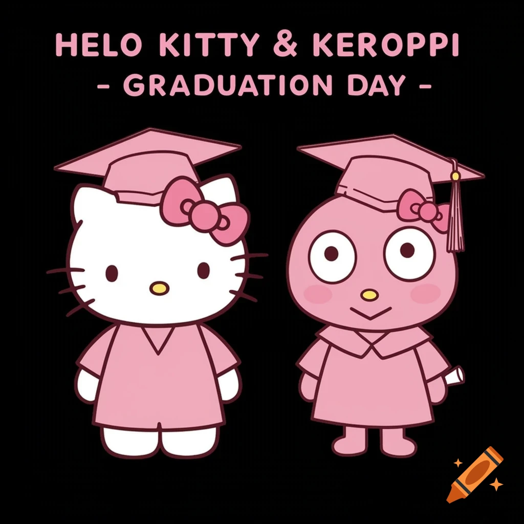 Hello Kitty and Keroppi cartoon characters in pink graduation outfits ...