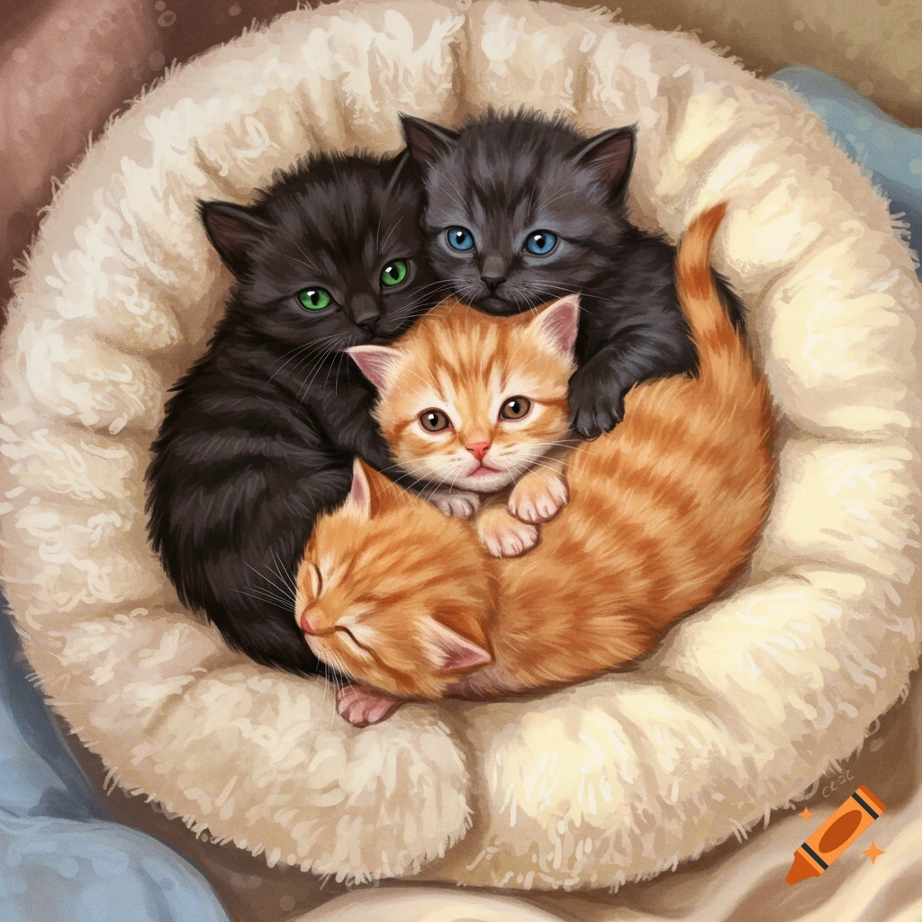 Three baby kittens cuddling in a bed on Craiyon