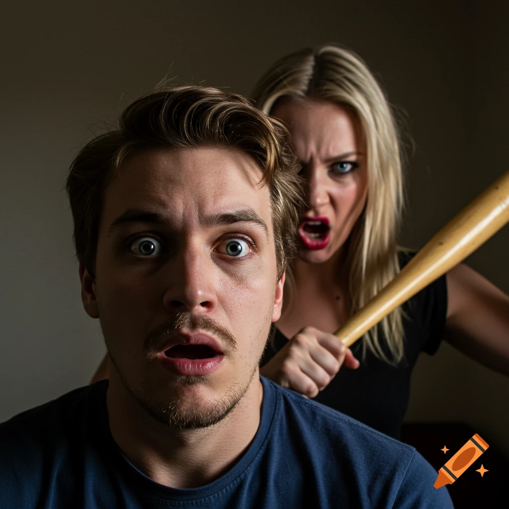 Scared man with blonde woman holding blunt object on Craiyon
