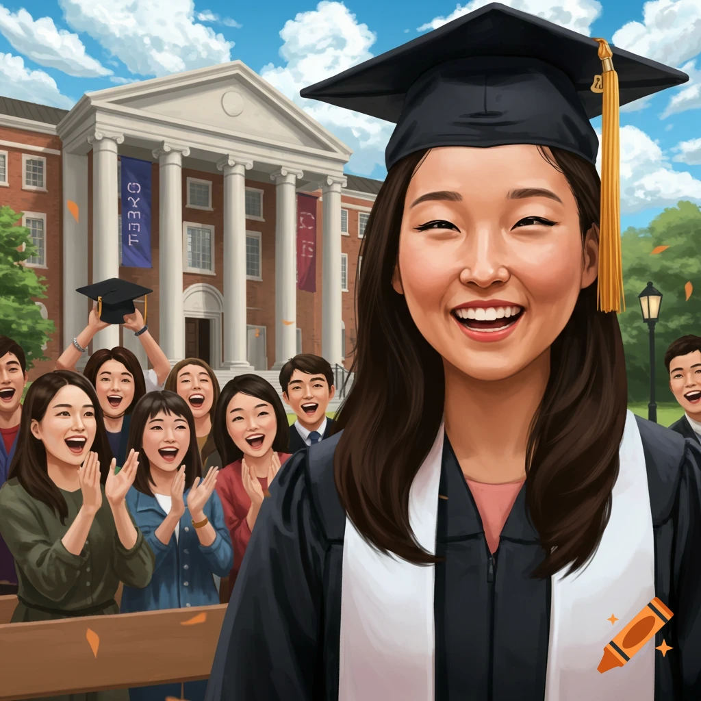 A smiling high school graduate in cap and gown celebrates as caps fly ...