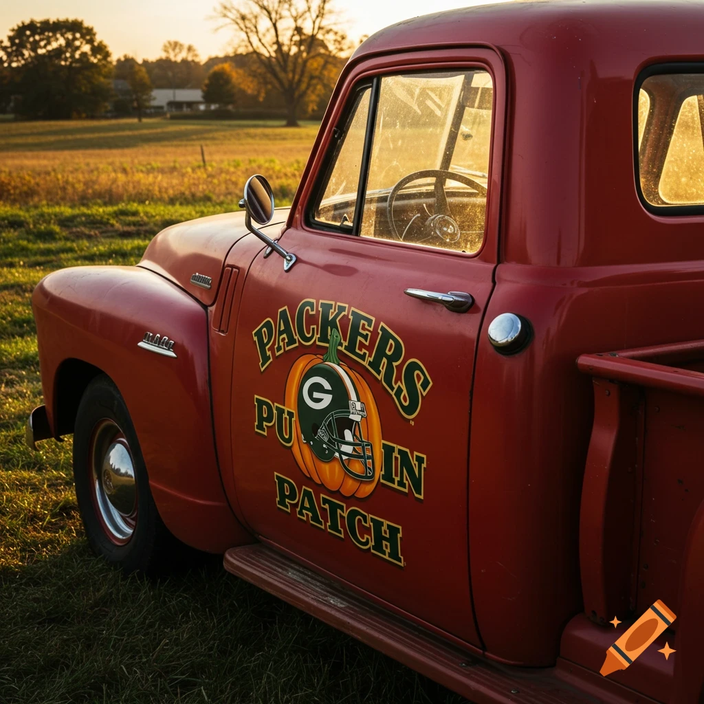 1950 era Packers pumpkin patch logo on red Chevy truck door on Craiyon