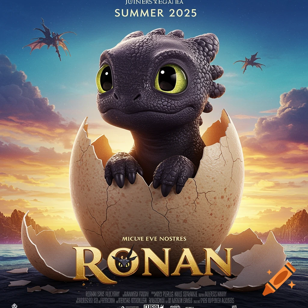 Movie poster of a cute baby dragon hatching from an egg at sunset, with ...