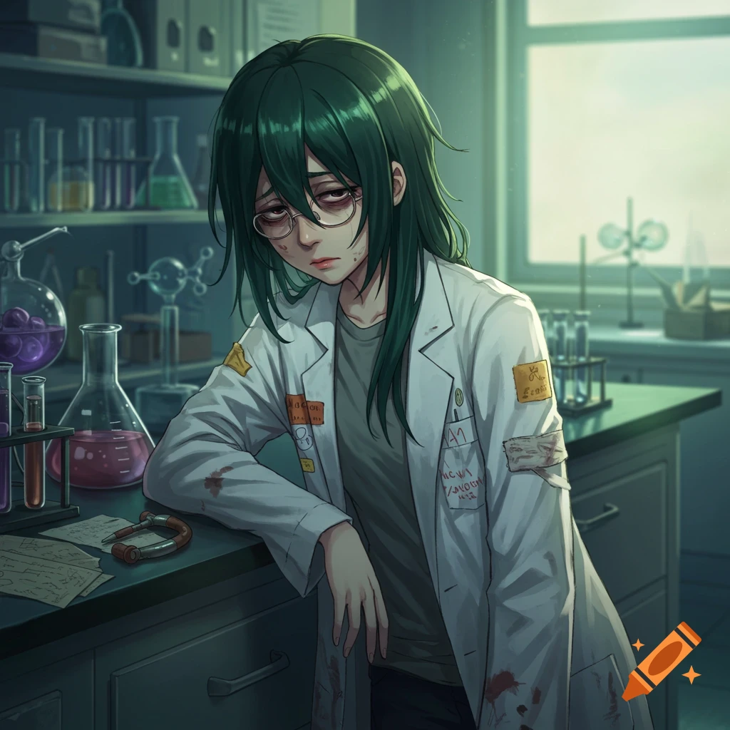 Tired anime scientist girl with dark green hair in a lab coat leaning ...
