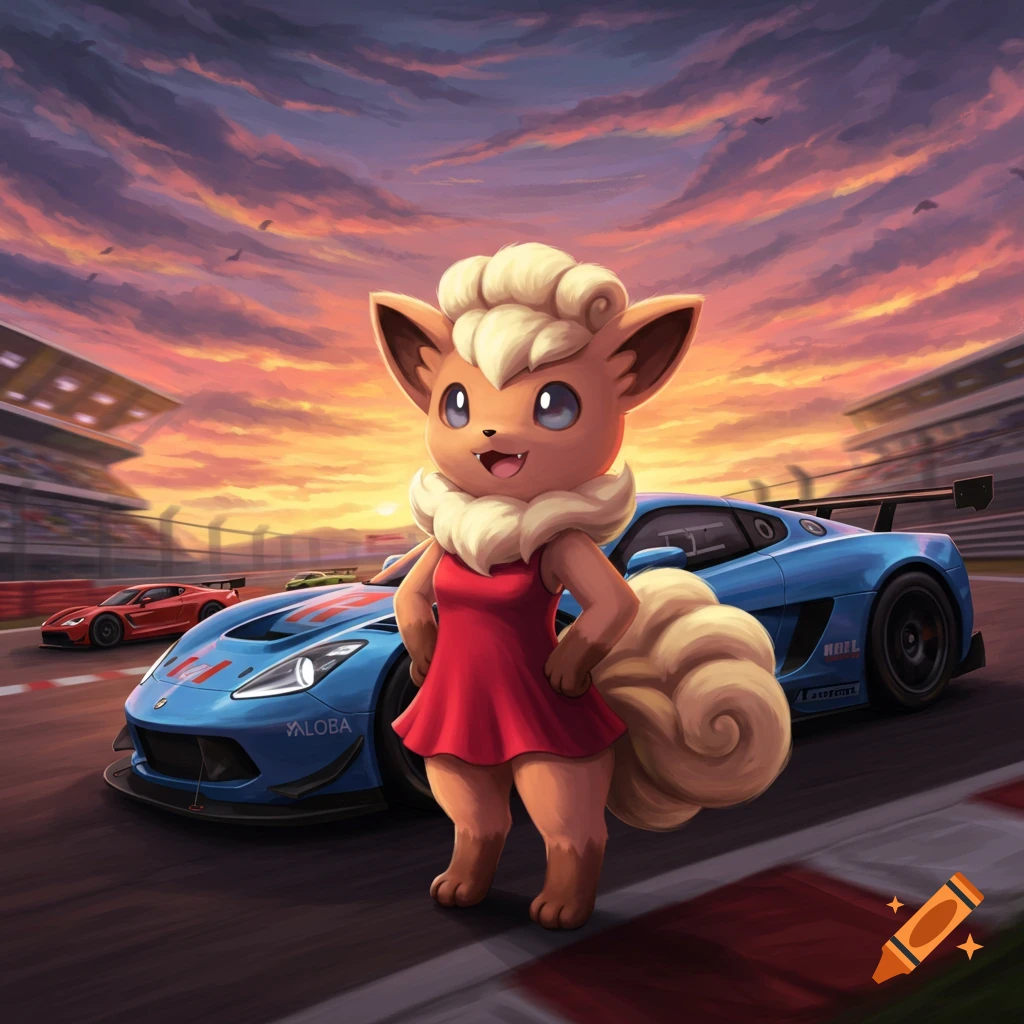A cute Vulpix in a red dress stands at a race track next to a blue race ...