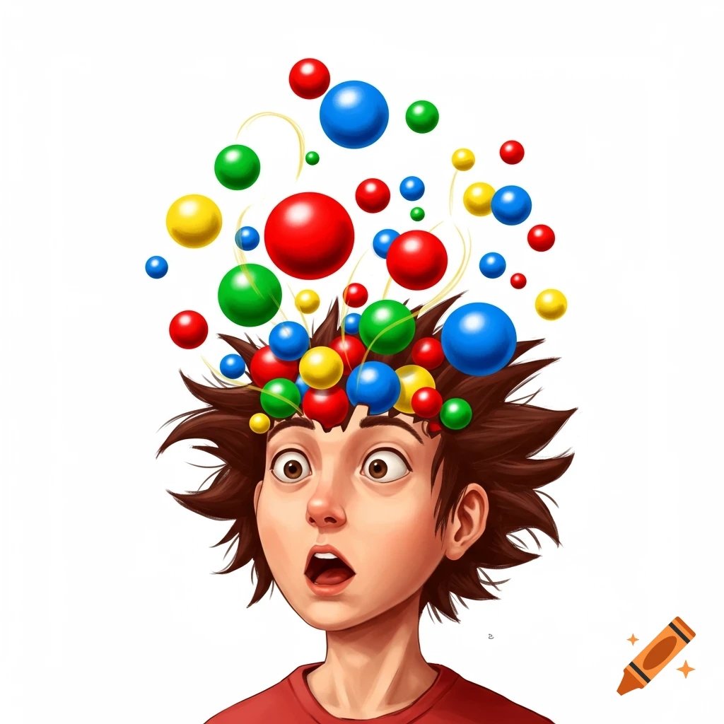 A surprised person with colorful balls exploding from their head. on ...