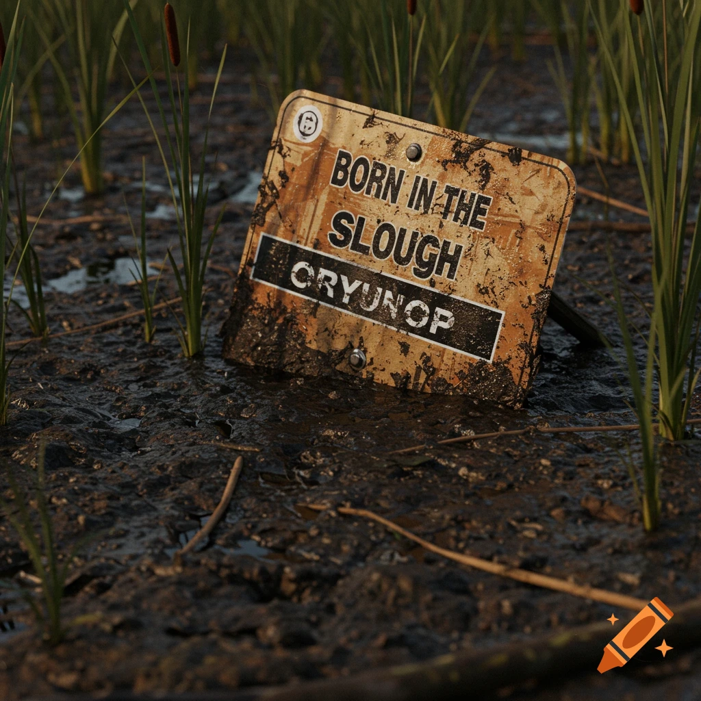 Born in the Slough bumper sticker on a marsh sign on Craiyon