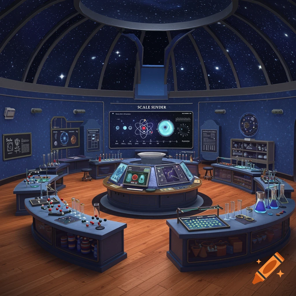 A 3D rendered science laboratory with an observatory dome ceiling showing stars, featuring a ...
