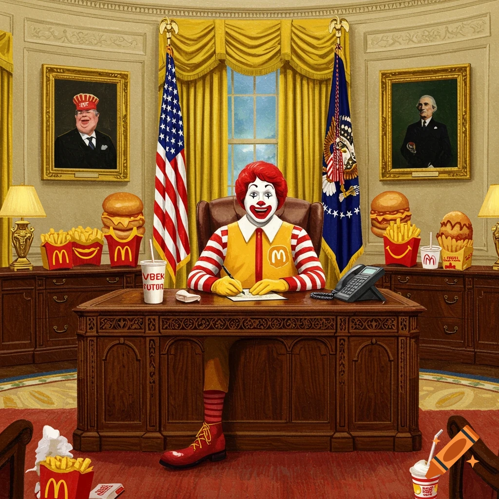 Ronald McDonald sitting at a desk in the Oval Office, surrounded by ...