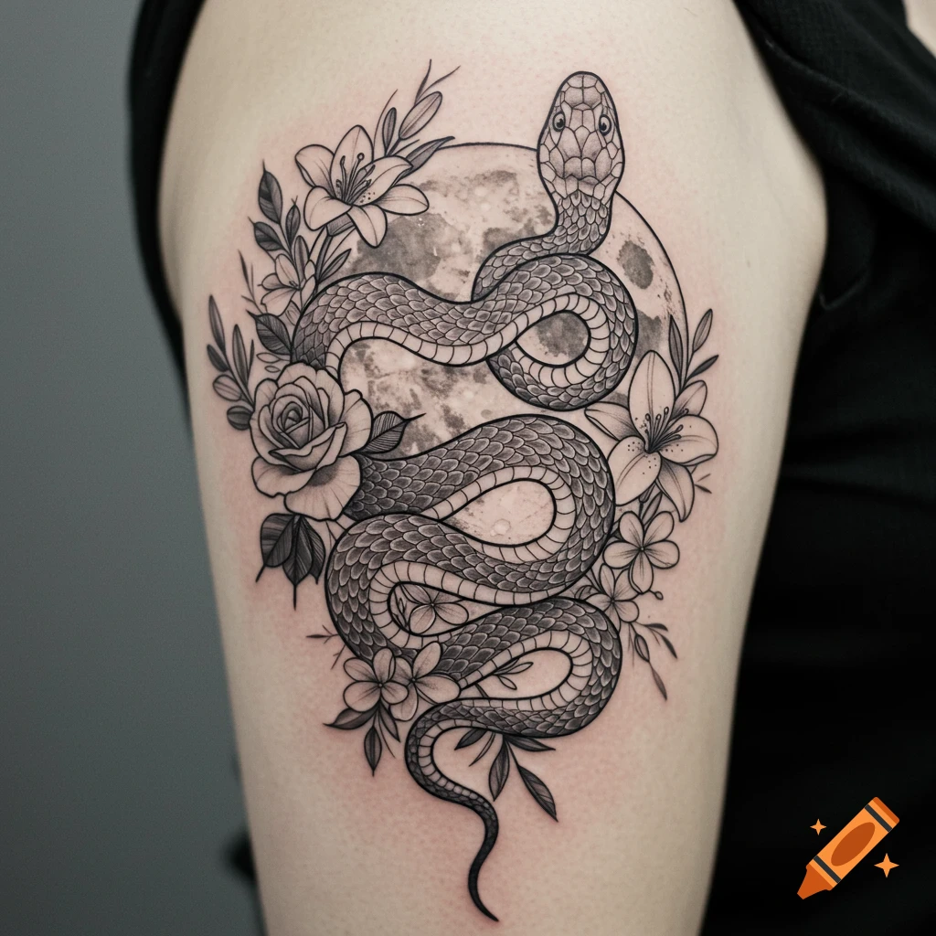 Black and white tattoo design of a snake wrapped around two roses on an ...