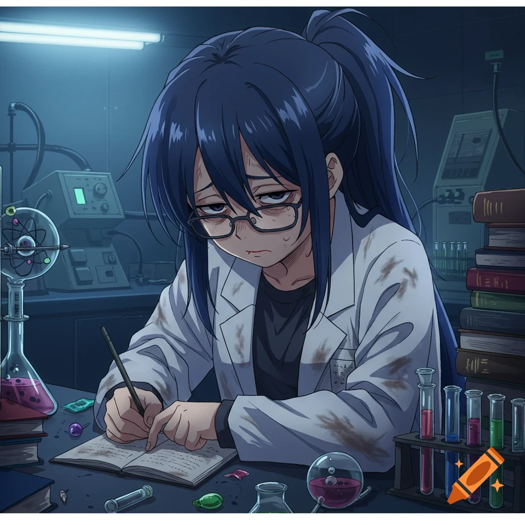 Tired anime scientist girl on Craiyon