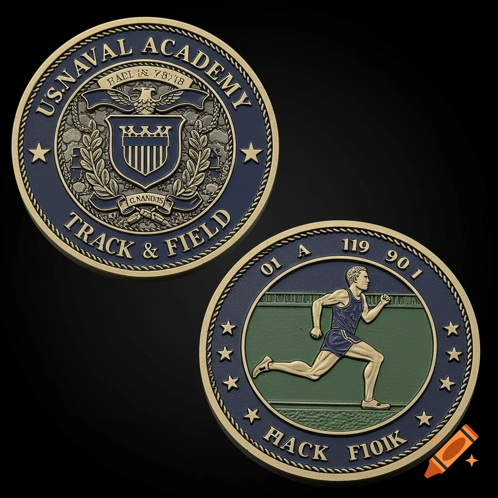 Two challenge coins, one with the US Naval Academy crest and 'Track ...