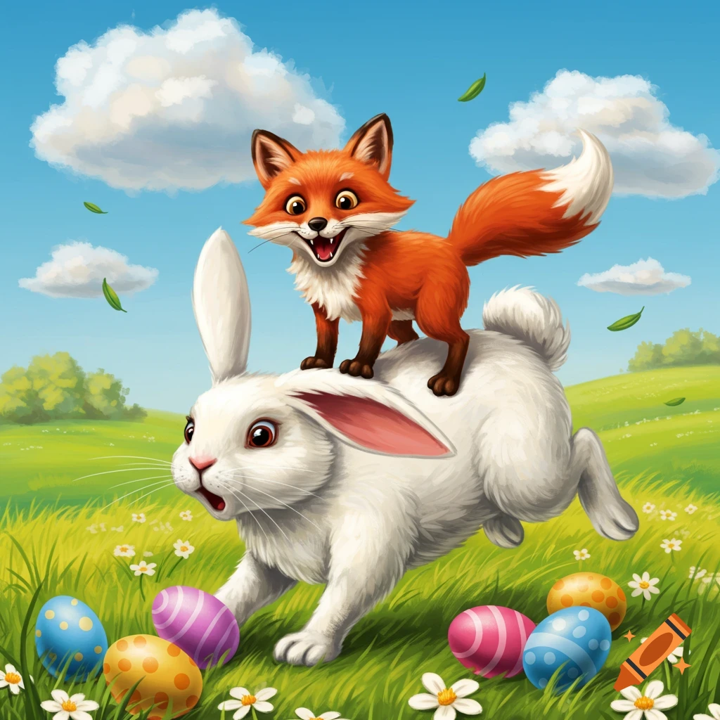 A cute fox riding on the back of an Easter bunny in a grassy field with ...