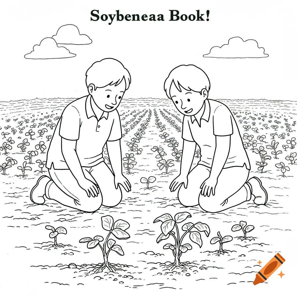 Coloring book page of people kneeling in a soybean field, examining ...