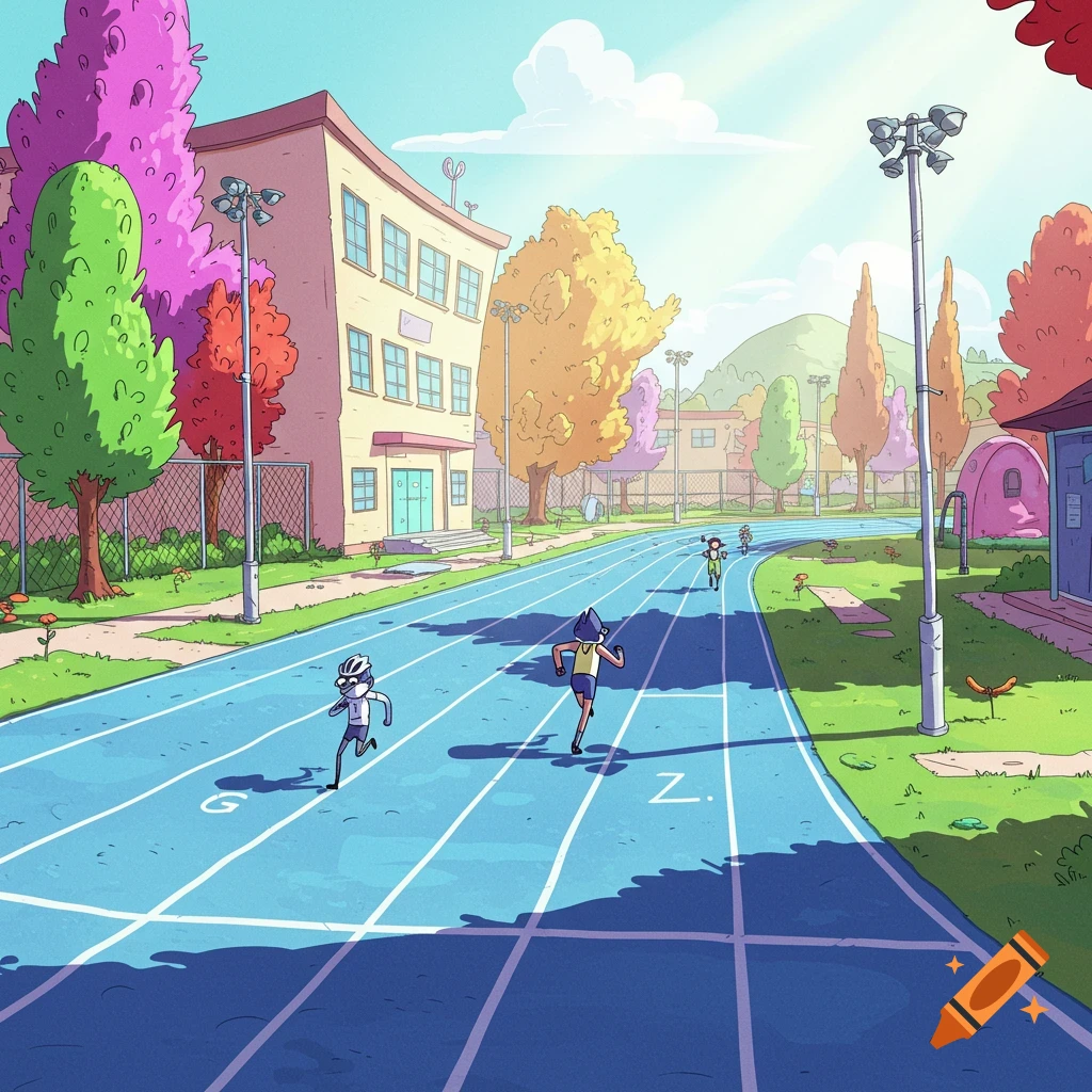 Cartoon style image of runners on a blue track on school grounds with ...