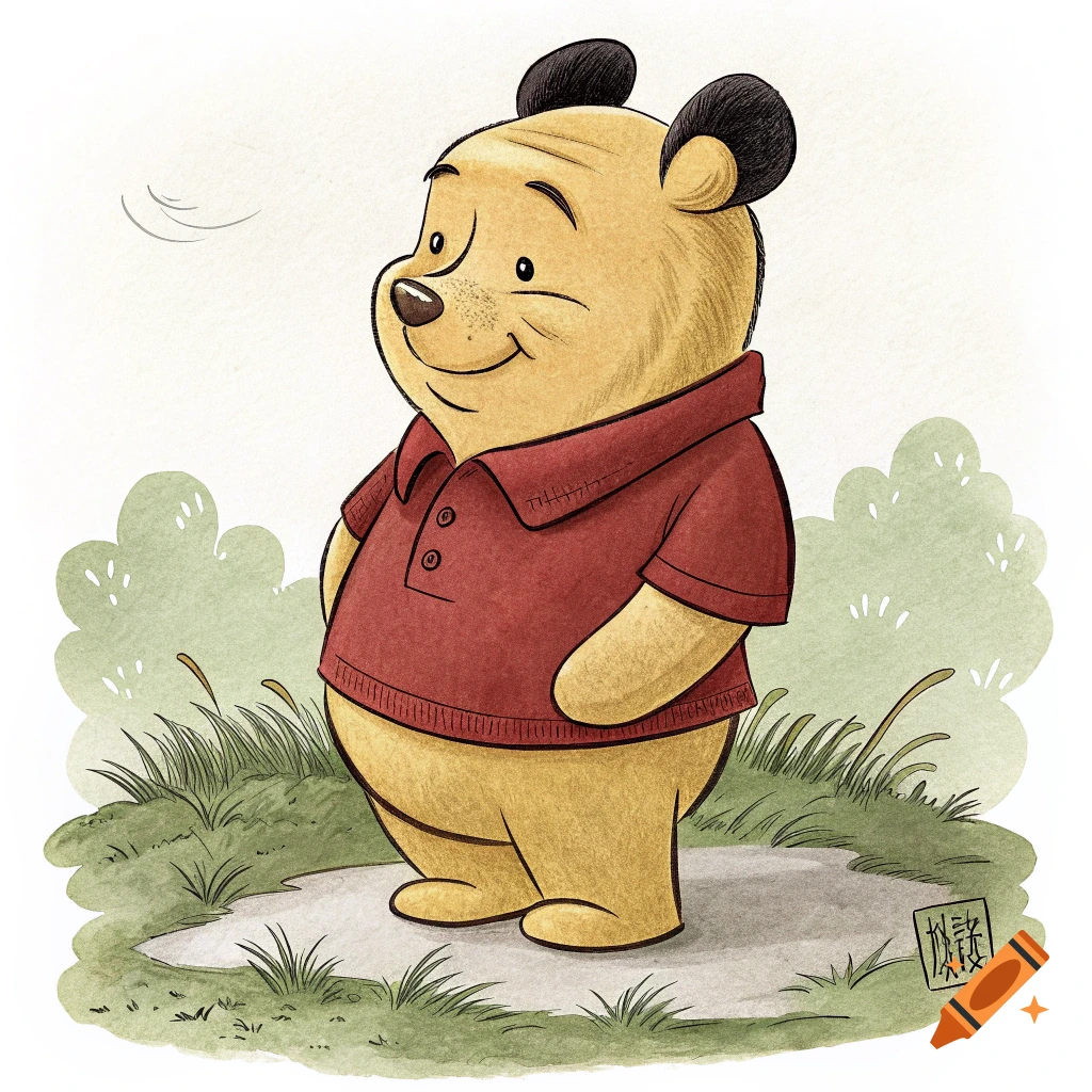An illustration of Winnie the Pooh standing in a grassy field. on Craiyon