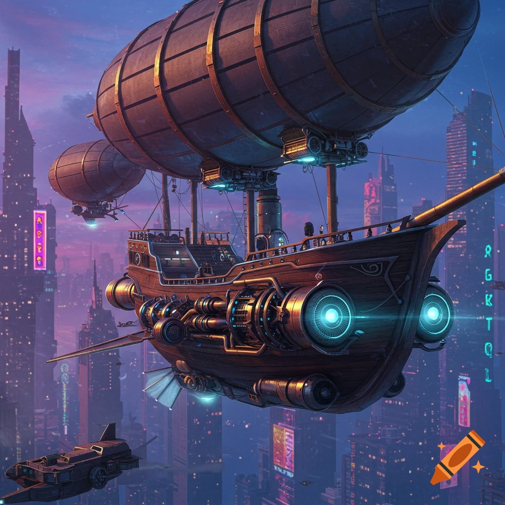 A detailed steampunk airship flies through a cloudy orange sky. on Craiyon