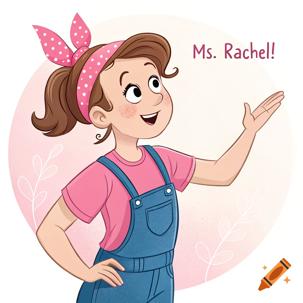 Cartoon of Ms. Rachel with pink t-shirt, blue overalls, and pink ...
