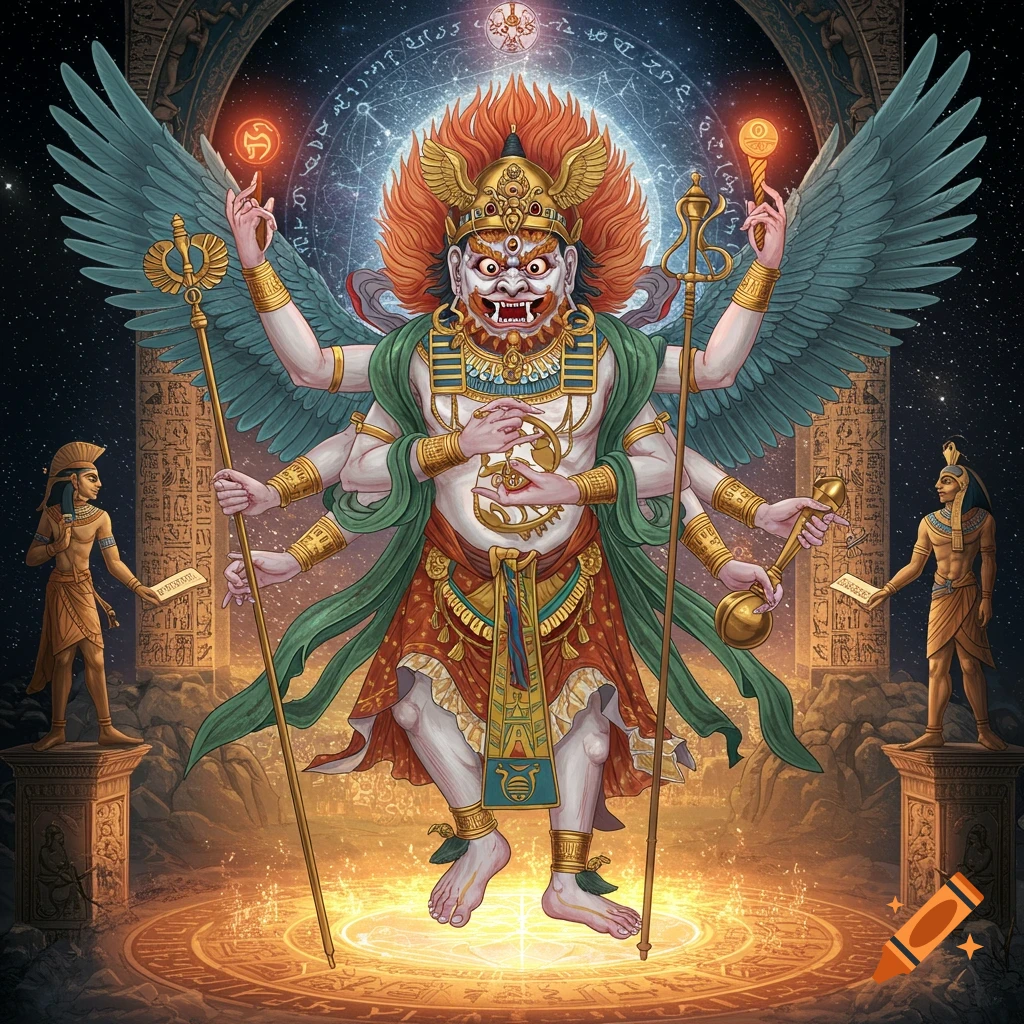 A dark-skinned Hindu deity with multiple arms, adorned in gold and red ...