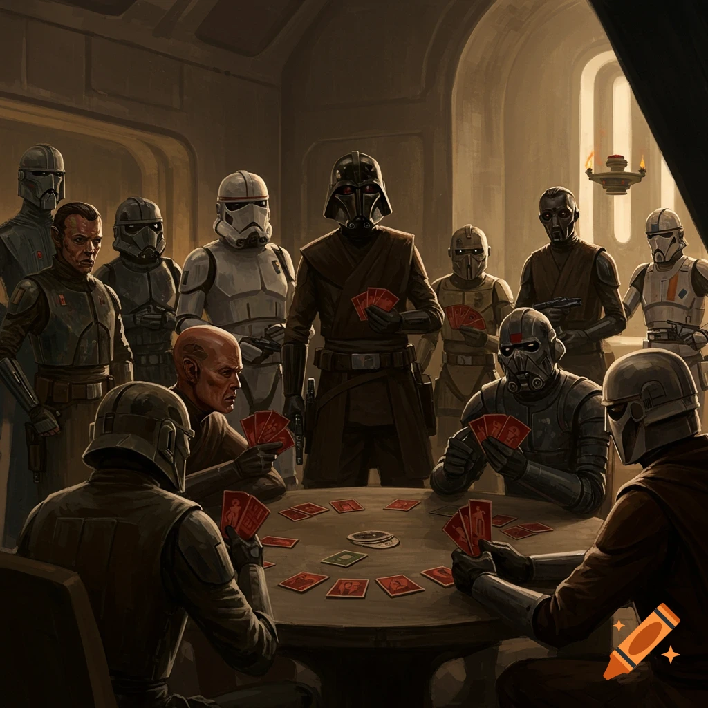 Star Wars characters including a Jedi, Mandalorian, and soldiers stand ...