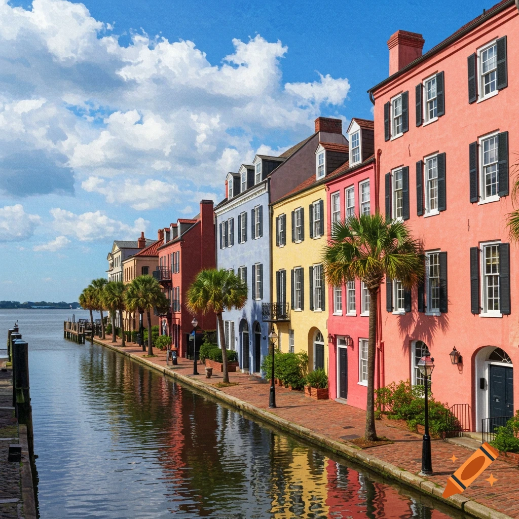 Colorful buildings along a waterfront in Charleston with palm trees and ...