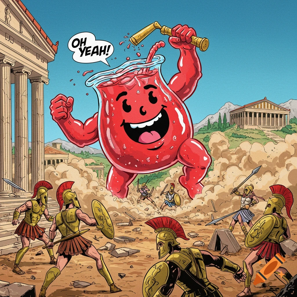 A giant red Kool-Aid Man smashes through ancient Greek ruins ...