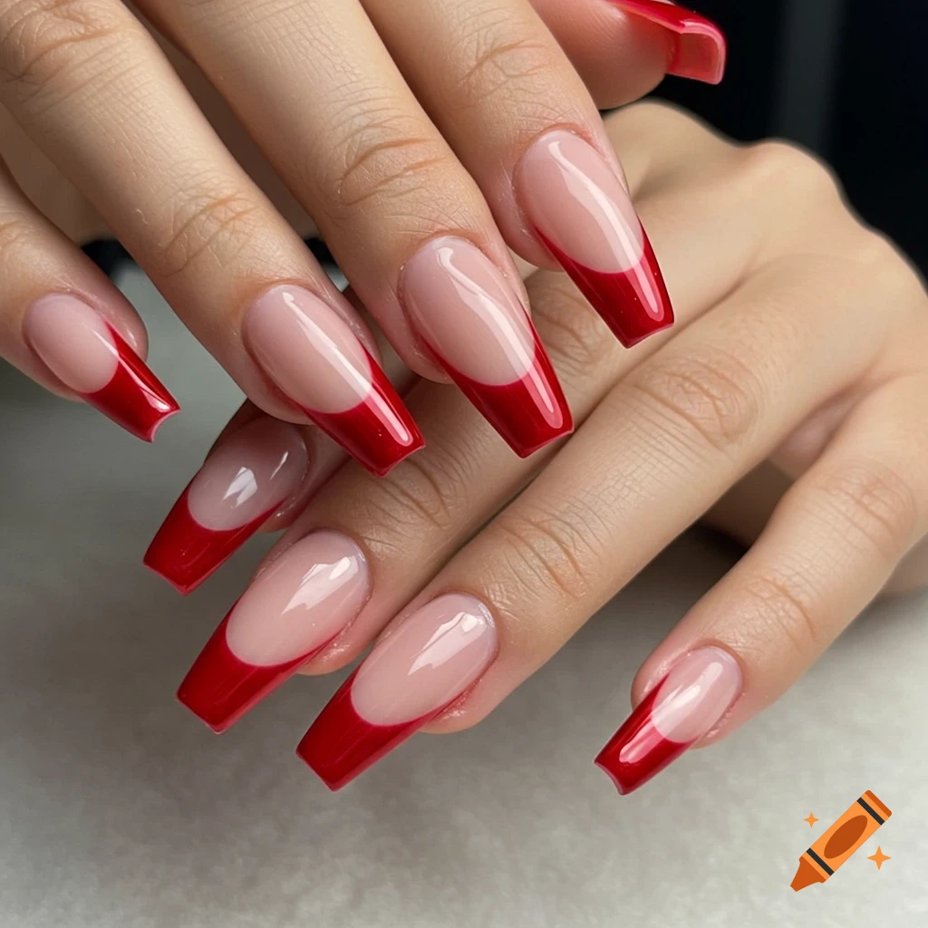 Close-up of hands with long square nails featuring glossy red French ...