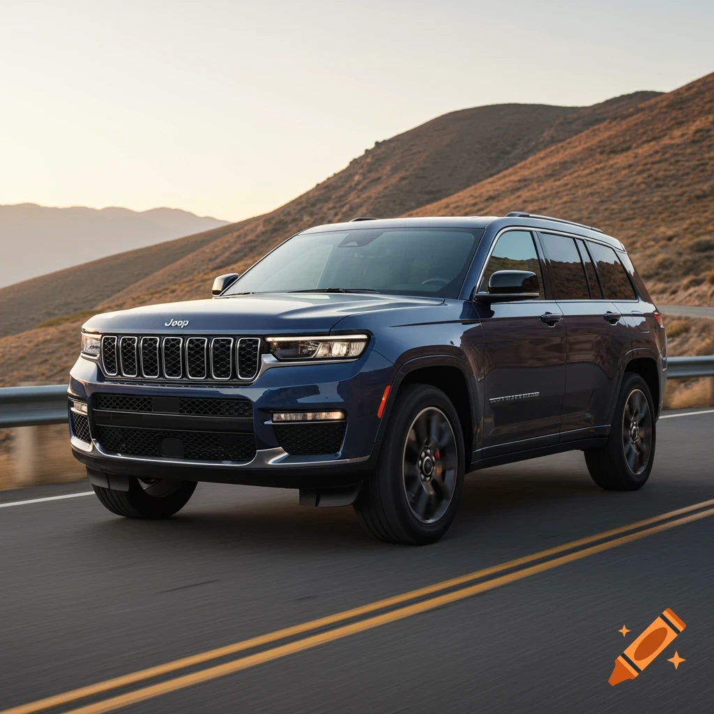 A blue Jeep Grand Cherokee SUV drives on a road at sunset with ...