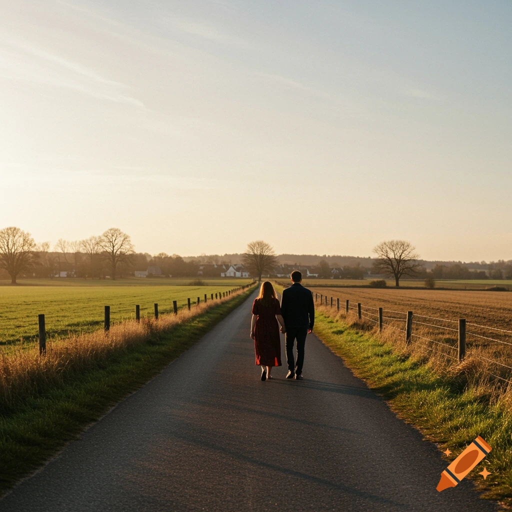 A couple walks away down a country road surrounded by fields at sunset ...