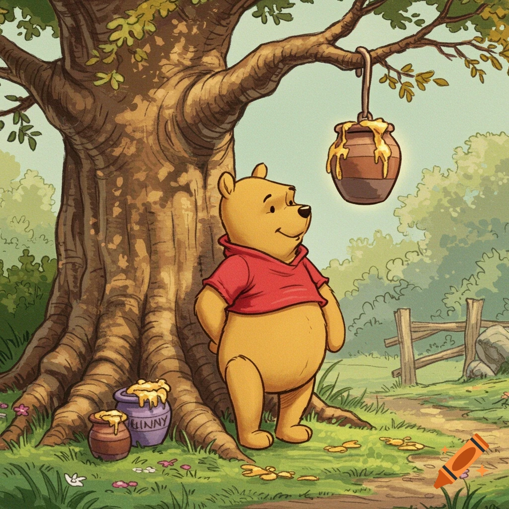 Winnie the Pooh sitting in a vibrant forest, playing a red guitar ...