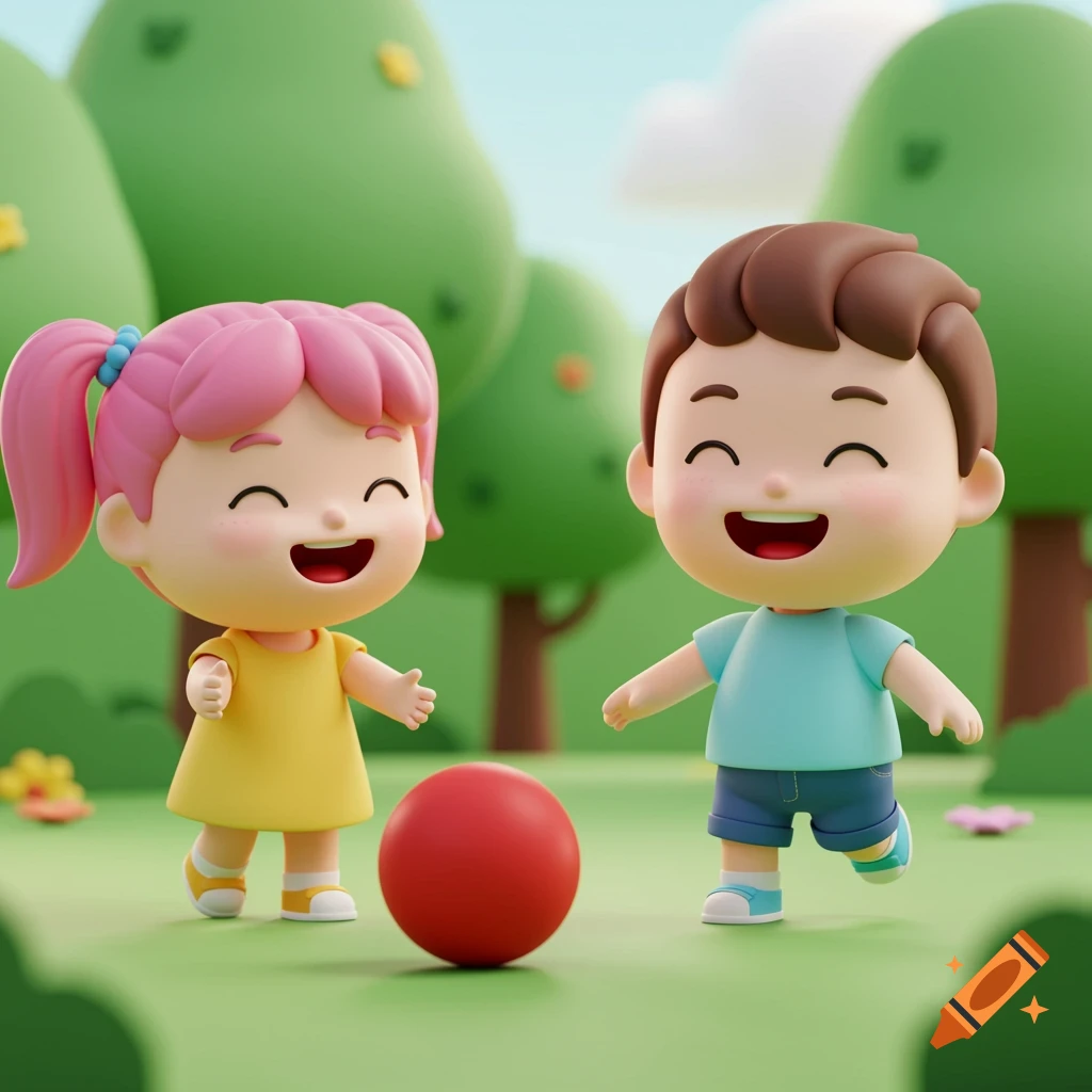 3D chibi cartoon of two happy toddlers playing with a ball in a park ...