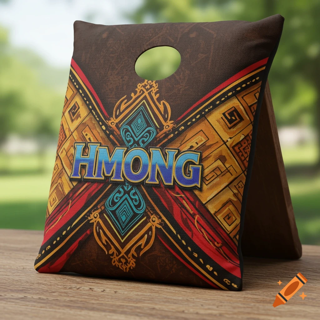 A cornhole bag featuring the text HMONG and a traditional design on a ...