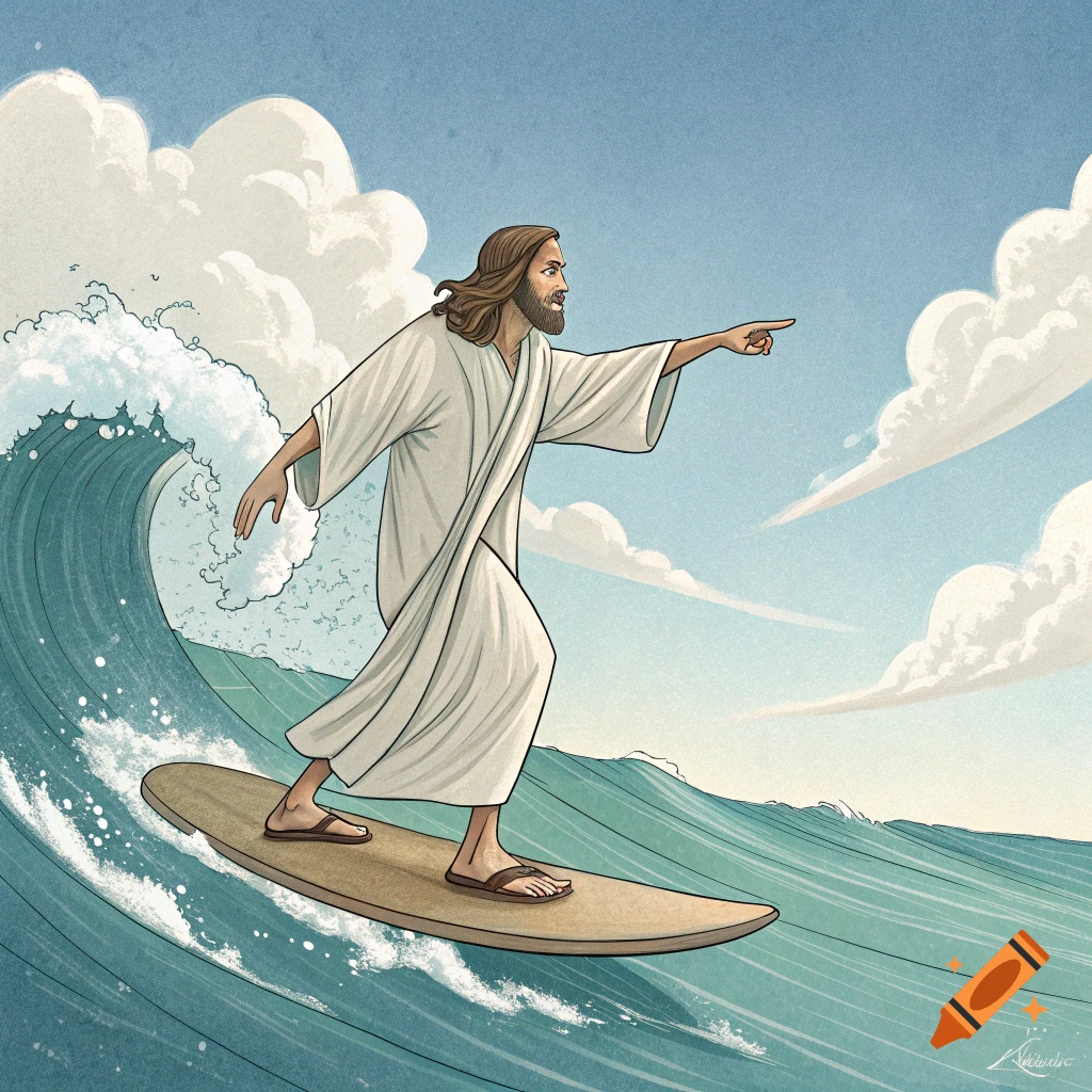 Illustration of Jesus riding a large turtle, with a small flying ninja ...