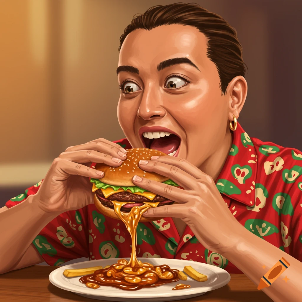 Close-up illustration of a person eating food messily with a fork. on ...