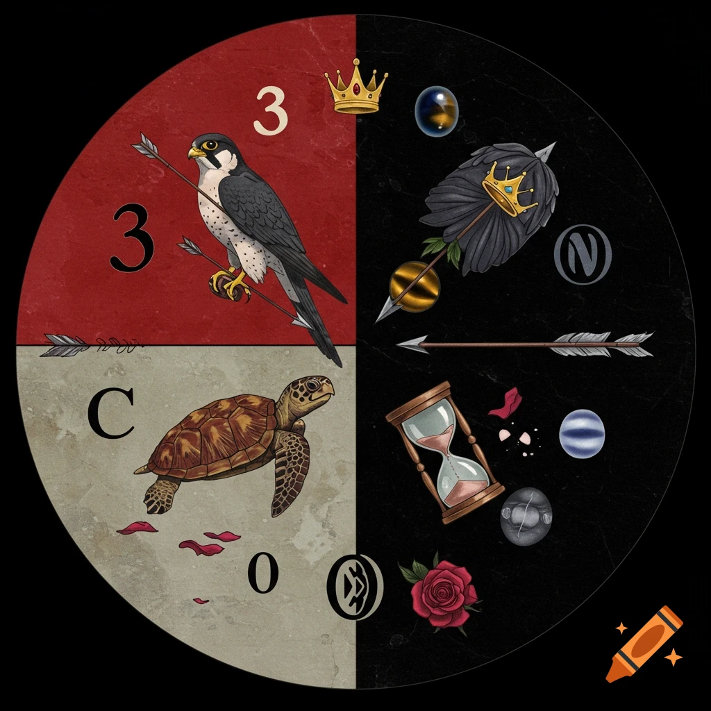 A circular image divided into red and black halves, featuring a falcon ...