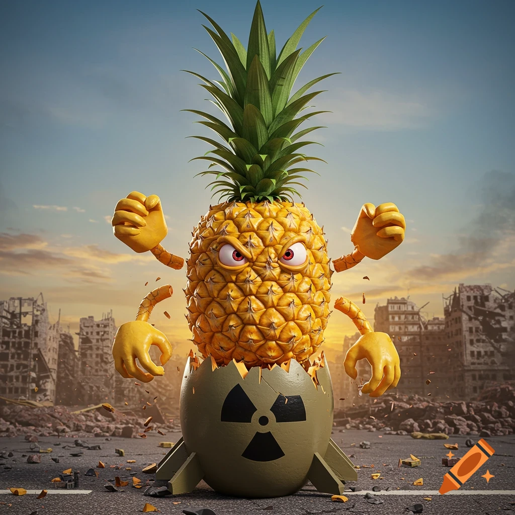 Angry pineapple nuclear bomb in a destroyed town, 3D render on Craiyon