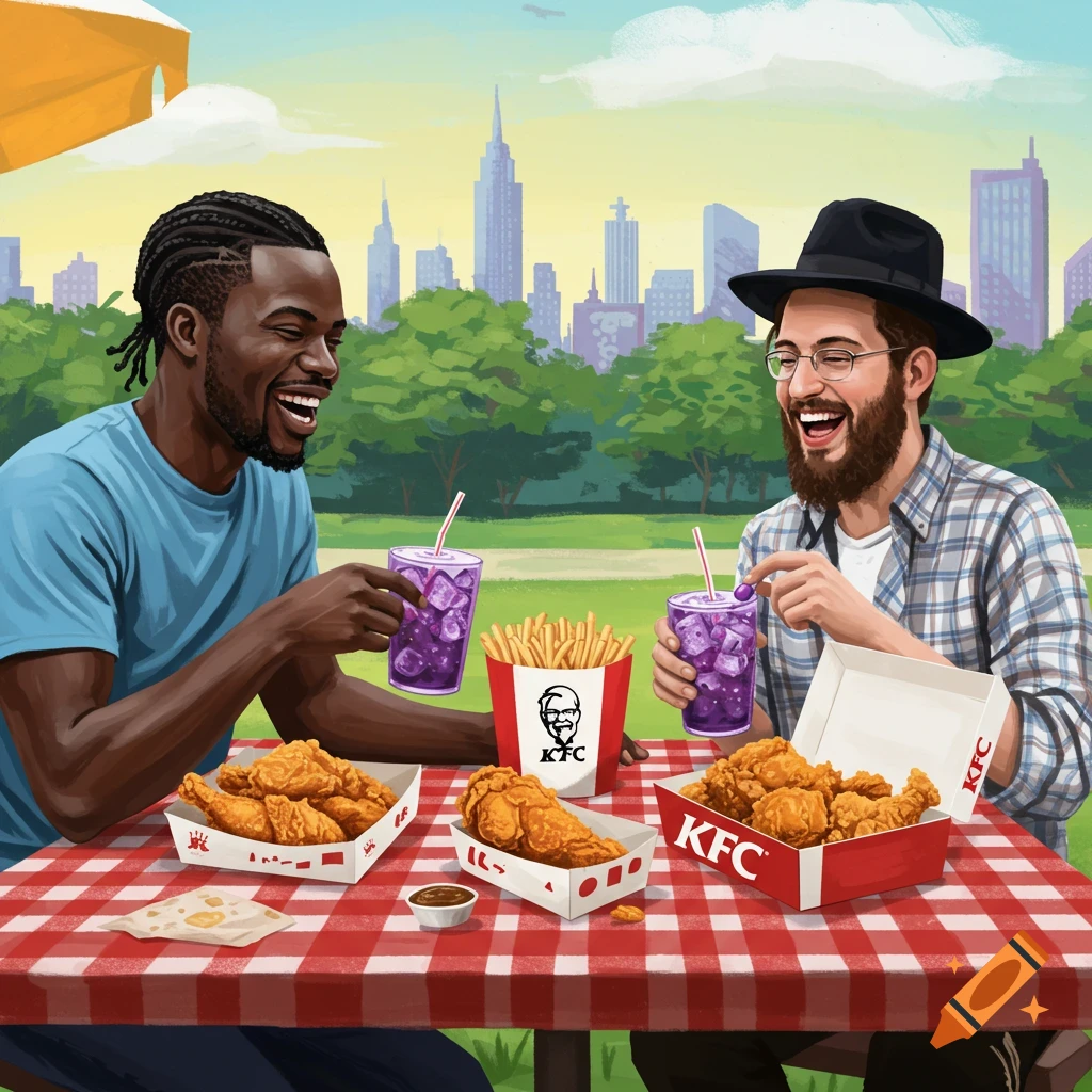 African and Jewish men sharing KFC and Kool-Aid on Craiyon