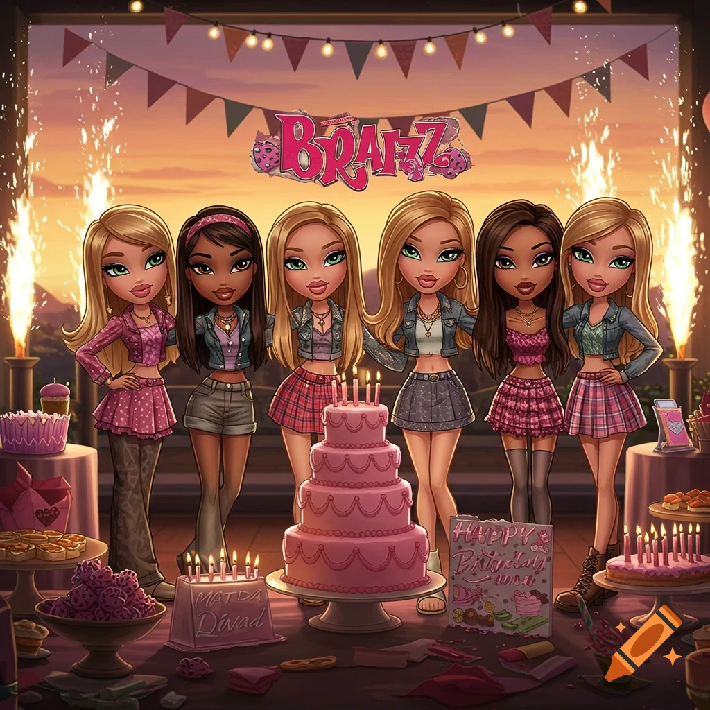 Bratz cartoon gang reunion with cake and birthday sign. on Craiyon