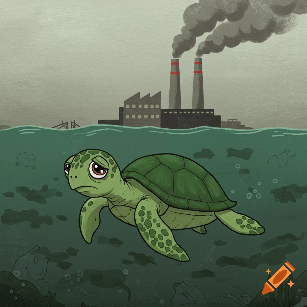 A sad cartoon turtle swims in polluted water with factories emitting ...