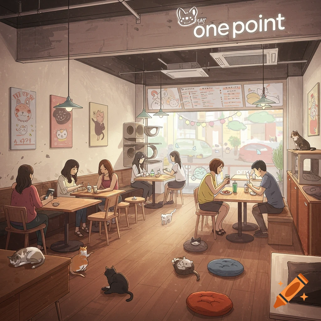 The inside of a cat cafe with people and cats. on Craiyon