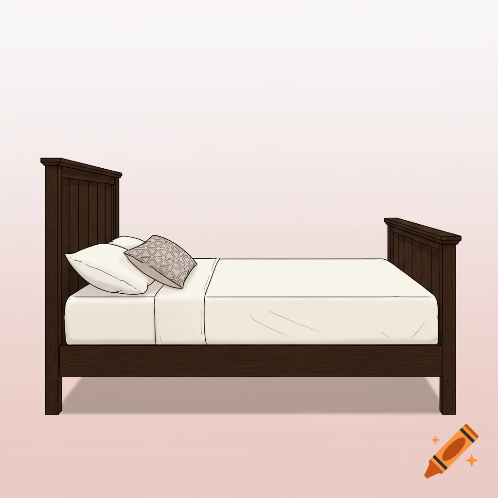 2D illustration of a wooden bed with white sheets and pillows on Craiyon