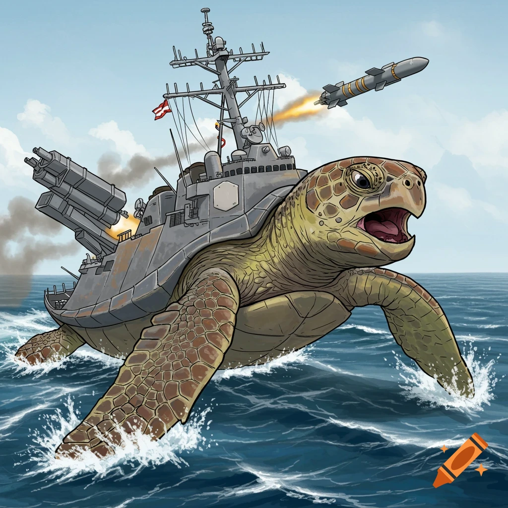 Angry sea turtle shaped like USS O'Brien DD975 firing tomahawk missile ...
