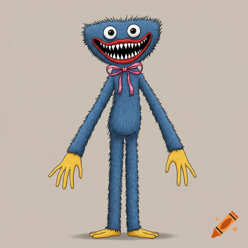 Blue furry monster with a wide grin, sharp teeth, yellow hands and feet ...