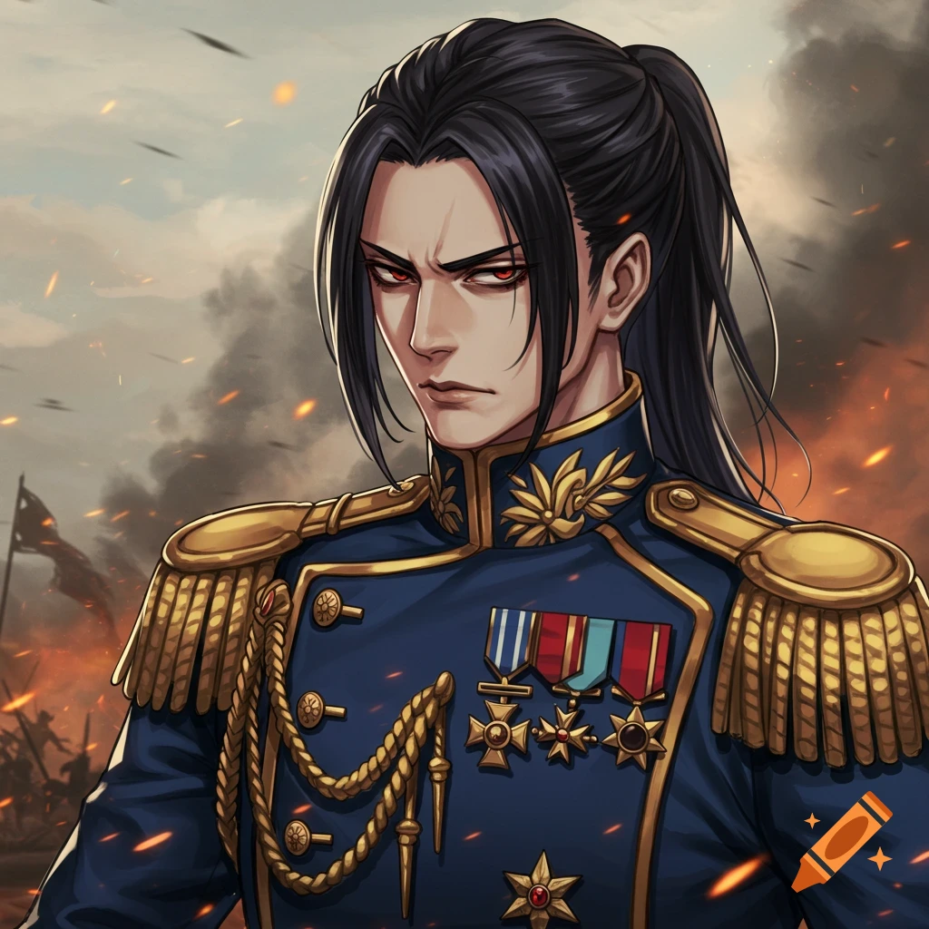 Stylized portrait of a man in a blue military uniform holding an ...