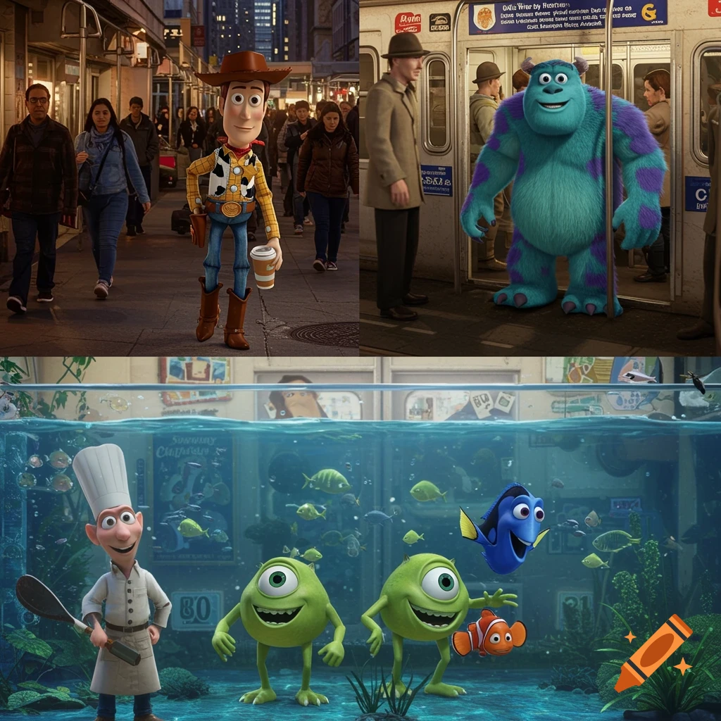 Pixar-style characters in a photorealistic image editing scenario on Craiyon