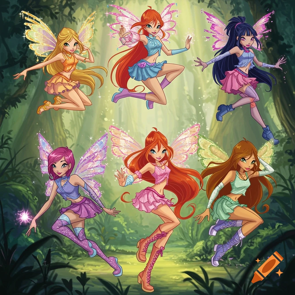 Six Winx Club fairies flying and posing in a school courtyard. on Craiyon