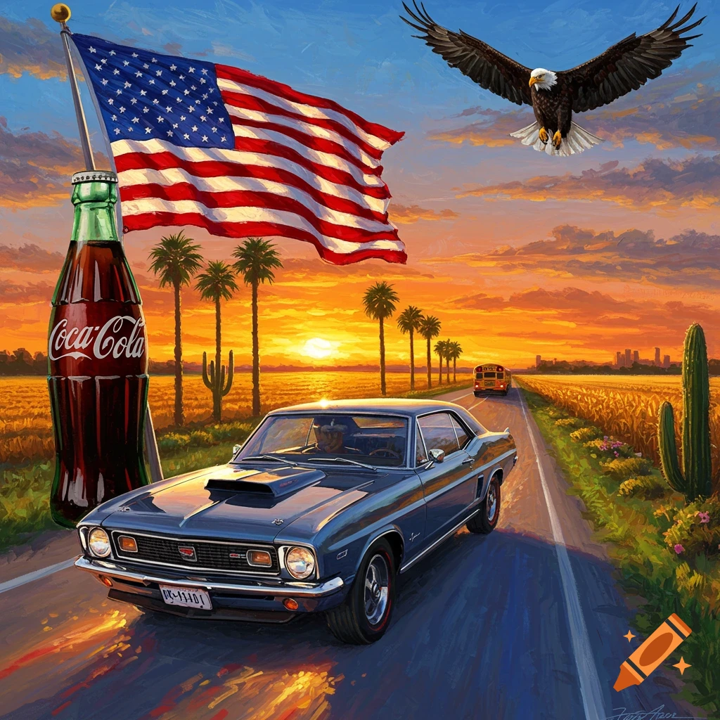 A classic car on a road, with a large American flag, eagle, and Coca-Cola bottle against a ...