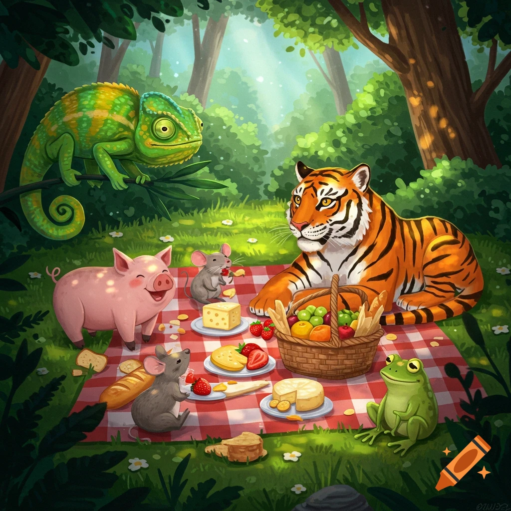 Chameleon, tiger, pig, mouse, and frog picnic in forest on Craiyon