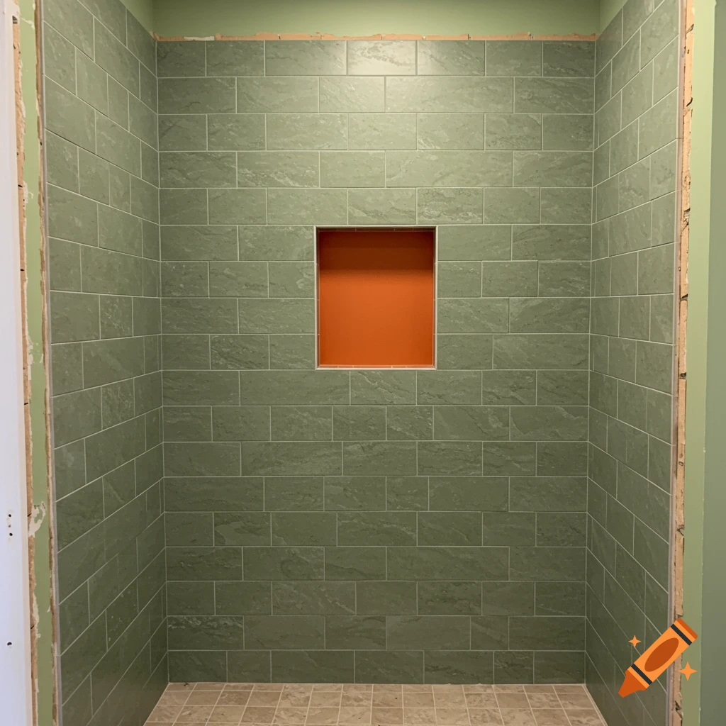 Green shower walls with vertically stacked 12x24 tiles and an orange ...