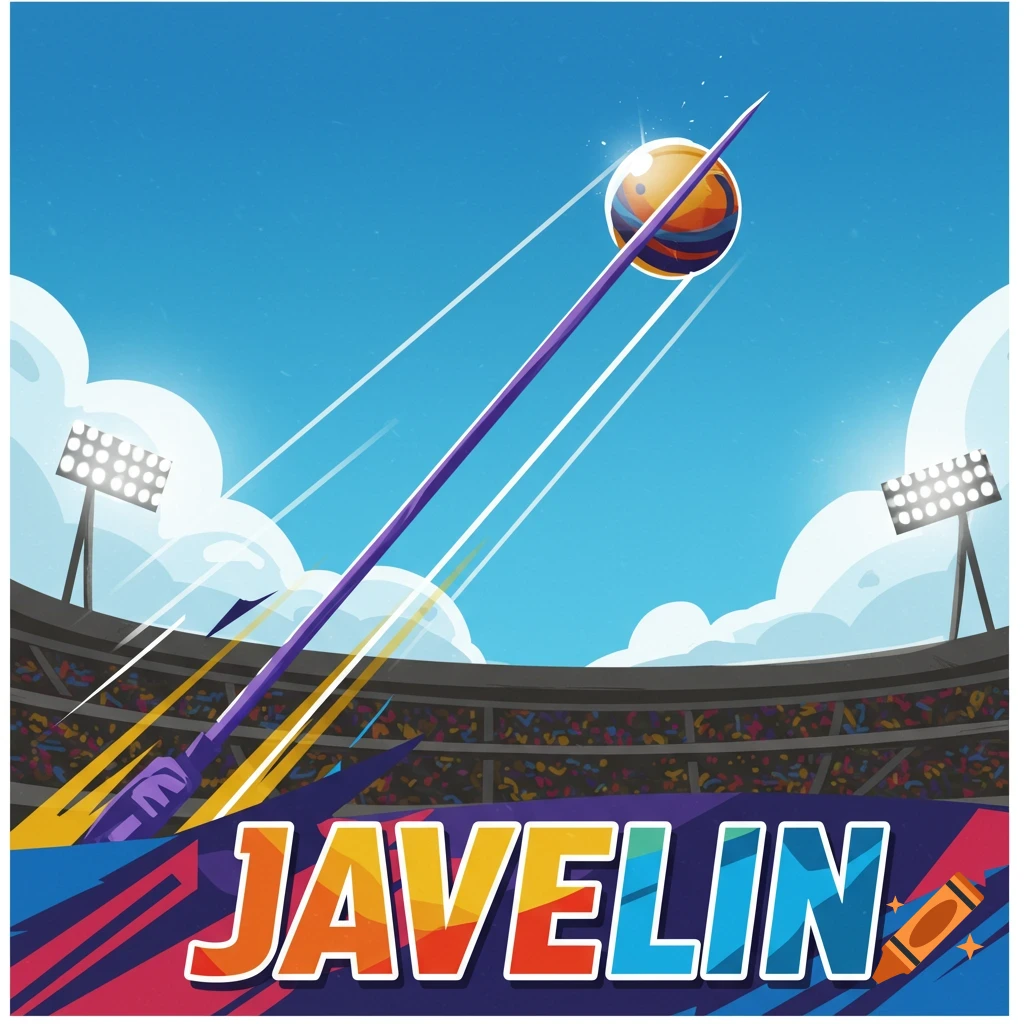 Dynamic illustration of a javelin in flight over a stadium, with the ...