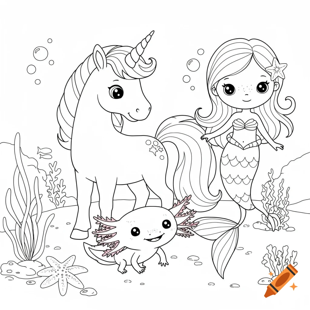 Coloring page with a unicorn, axolotl, and mermaid on Craiyon